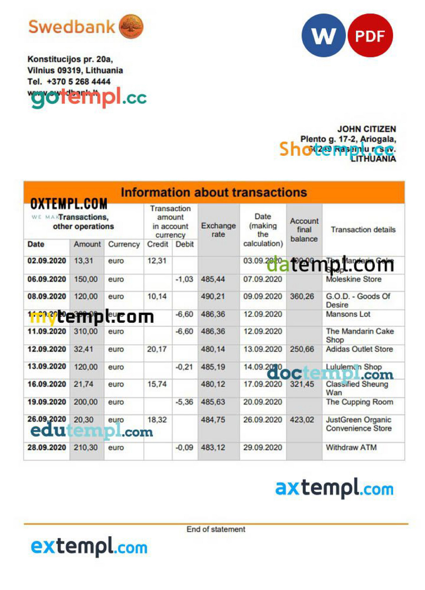 Doctempl - Lithuania Swedbank bank statement template Word and PDF - Page 1
