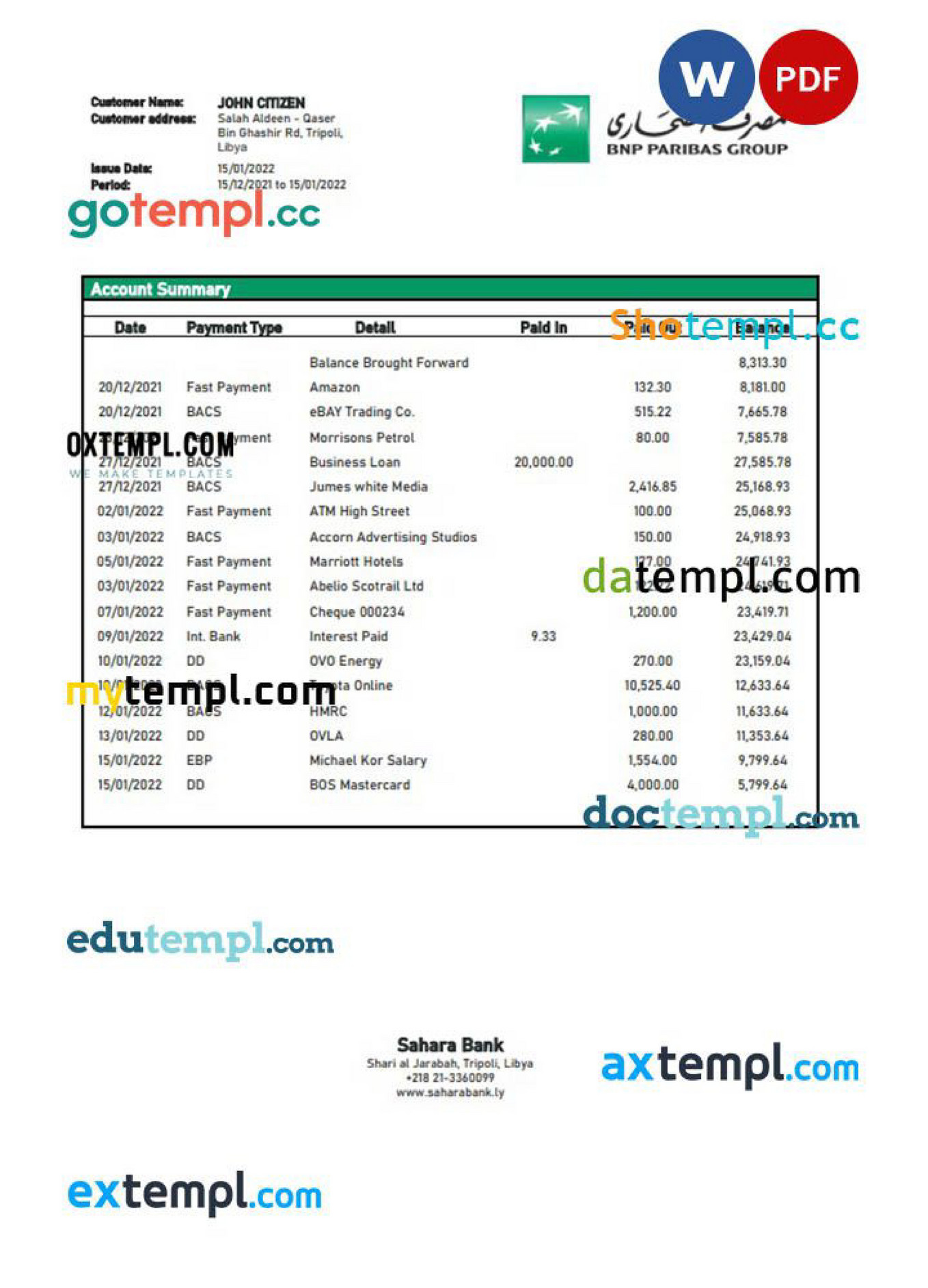 Doctempl - Libya Sahara bank statement template Word and PDF - Page 1