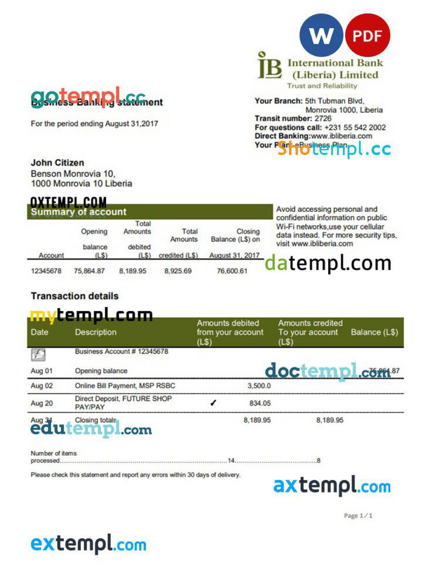 Doctempl - Liberia IB International bank statement template Word and ...