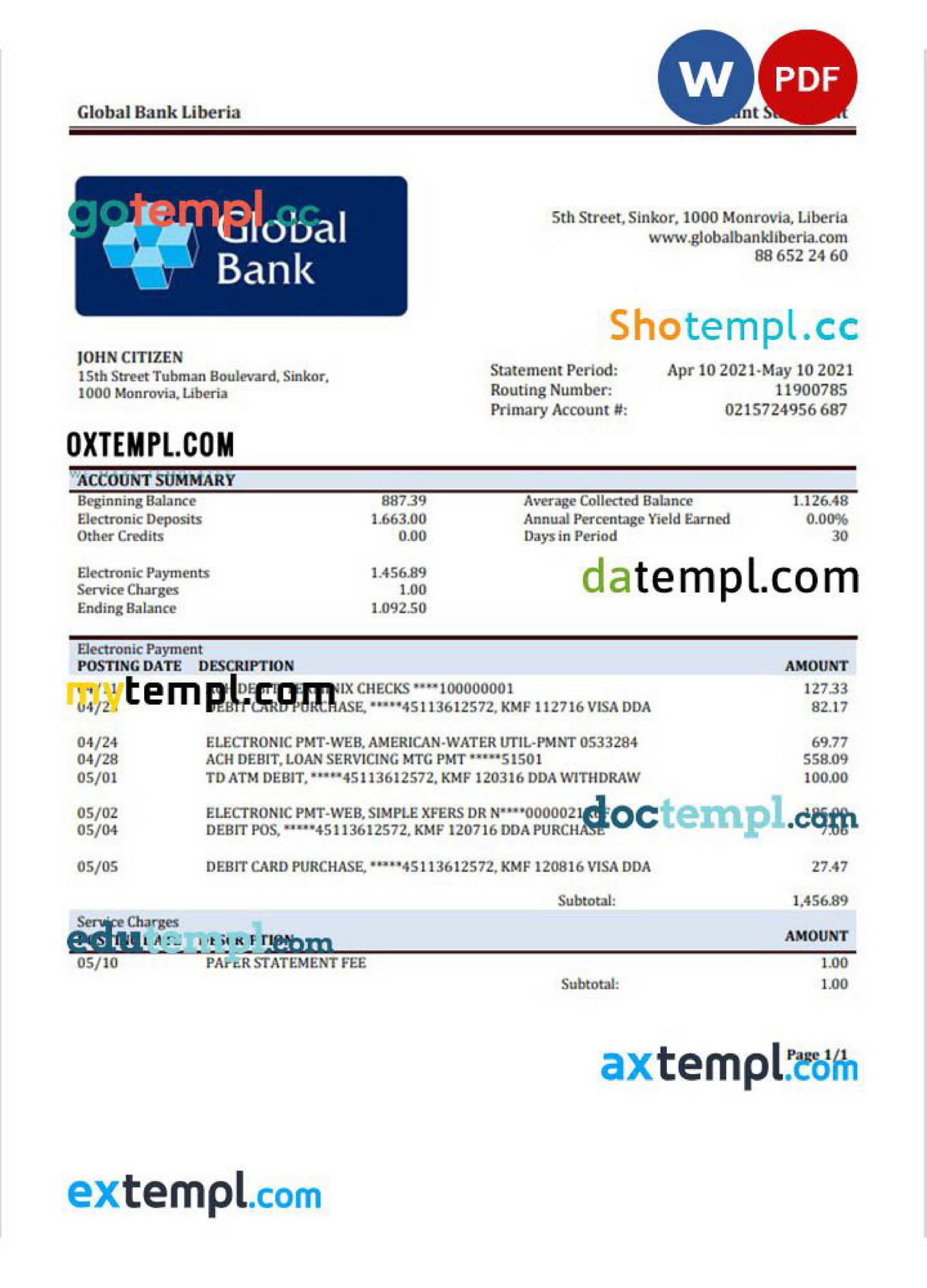 Doctempl - Liberia Global bank statement template Word and PDF - Page 1