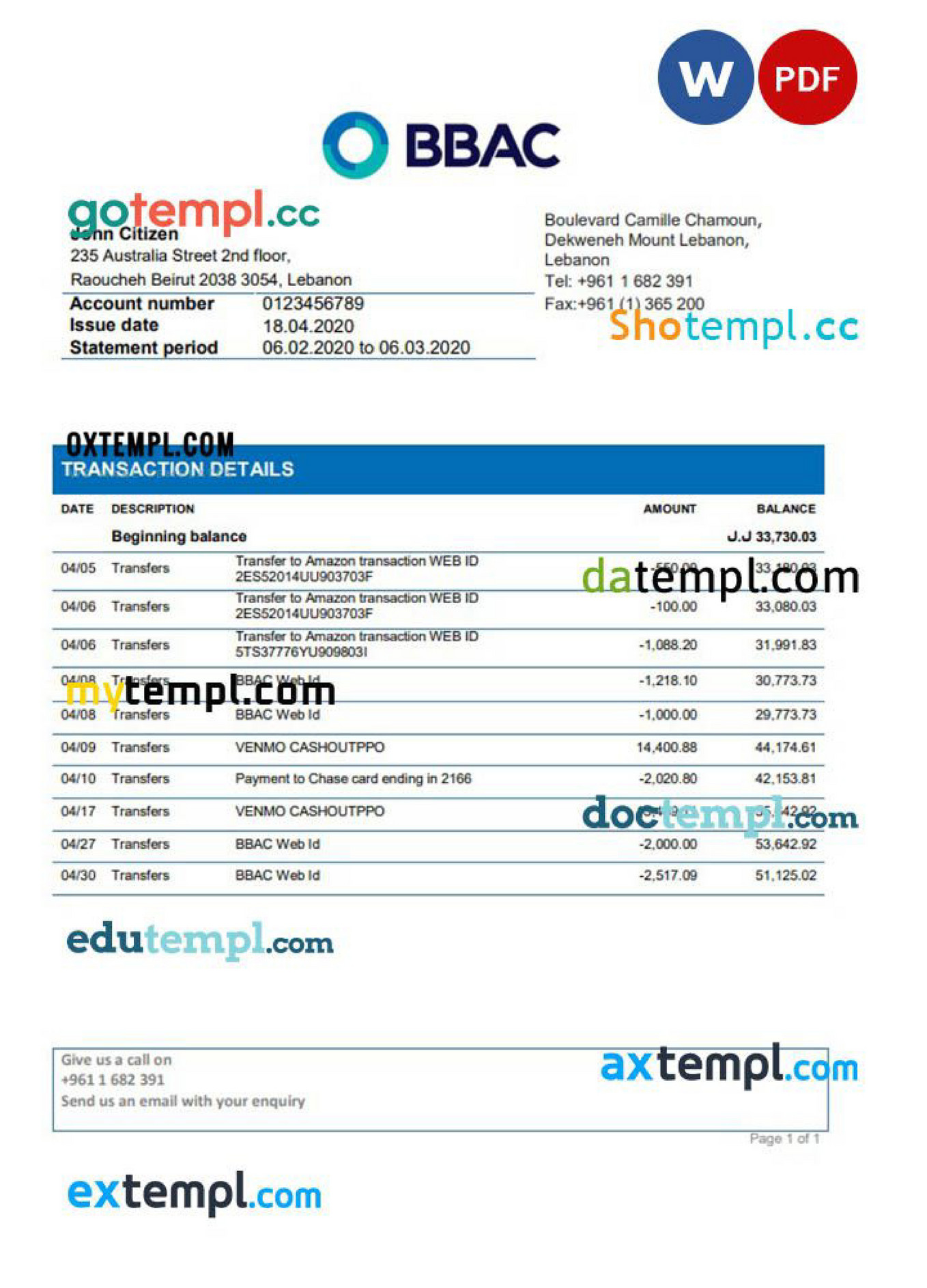 Doctempl - Lebanon BBAC bank statement template Word and PDF - Page 1
