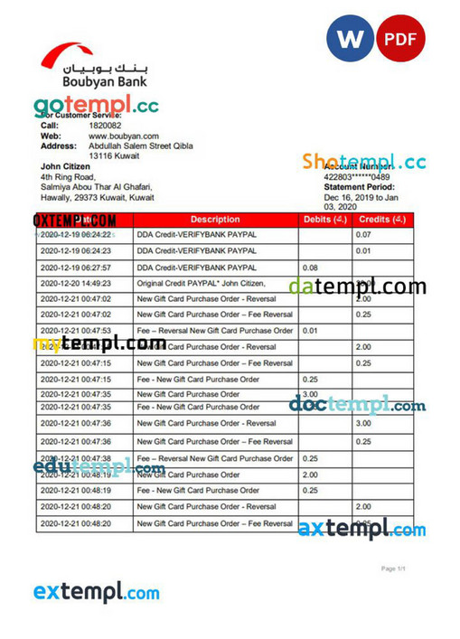 Doctempl - Kuwait Boubyan bank proof of address statement template in ...