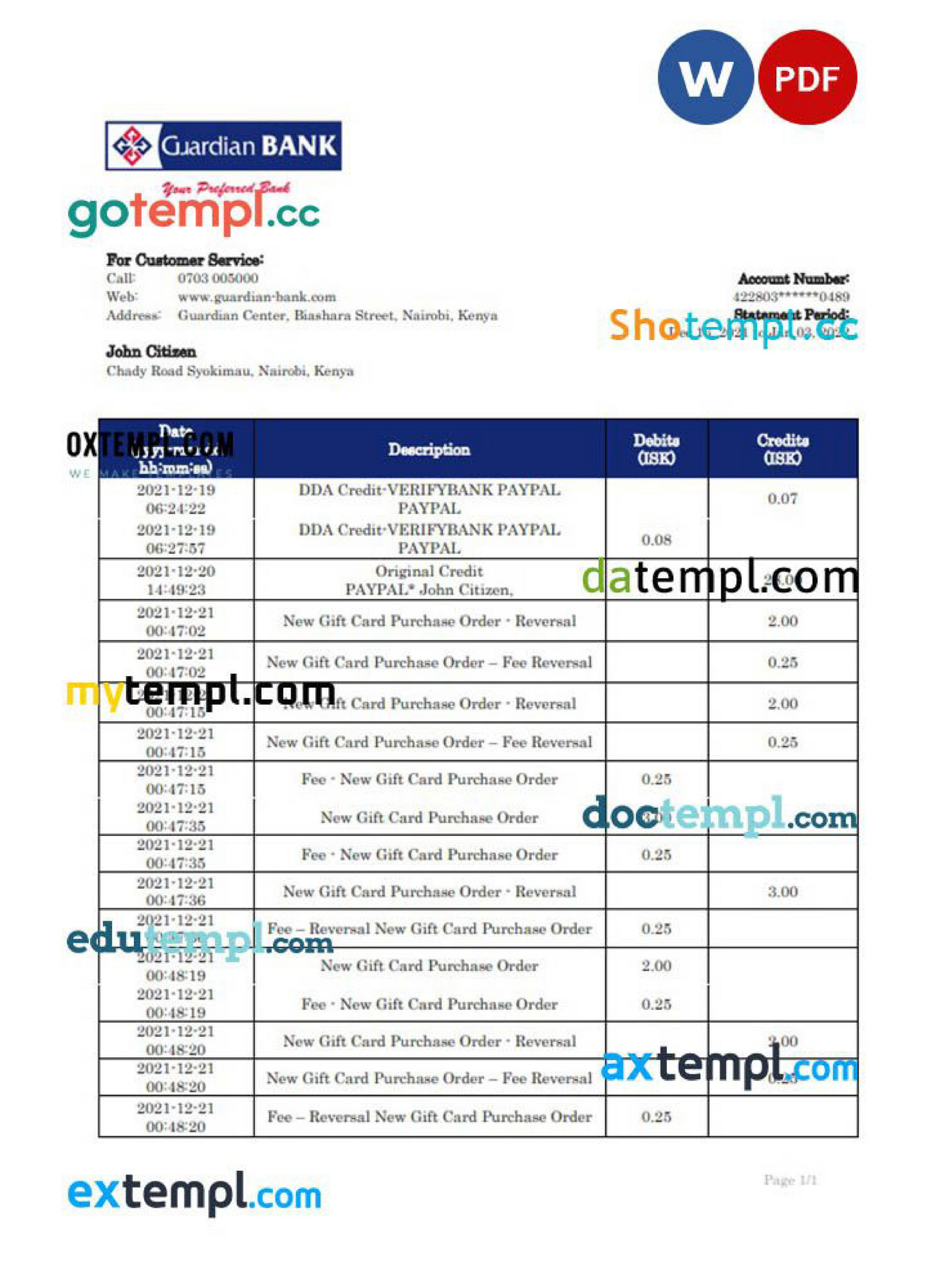 Doctempl - Kenya Guardian bank proof of address statement template in Word and PDF format - Page 1