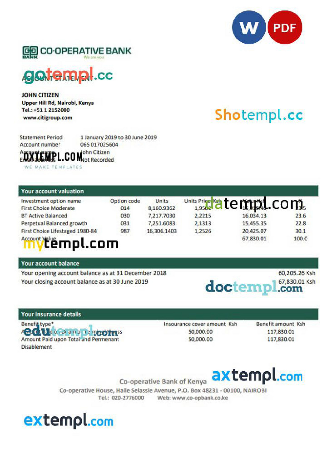 Doctempl - Kenya , Co-operative Bank of Kenya bank statement template ...