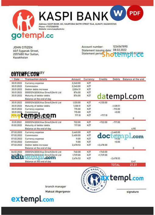 Doctempl - Kazakhstan Kaspi bank statement template Word and PDF - Page 1