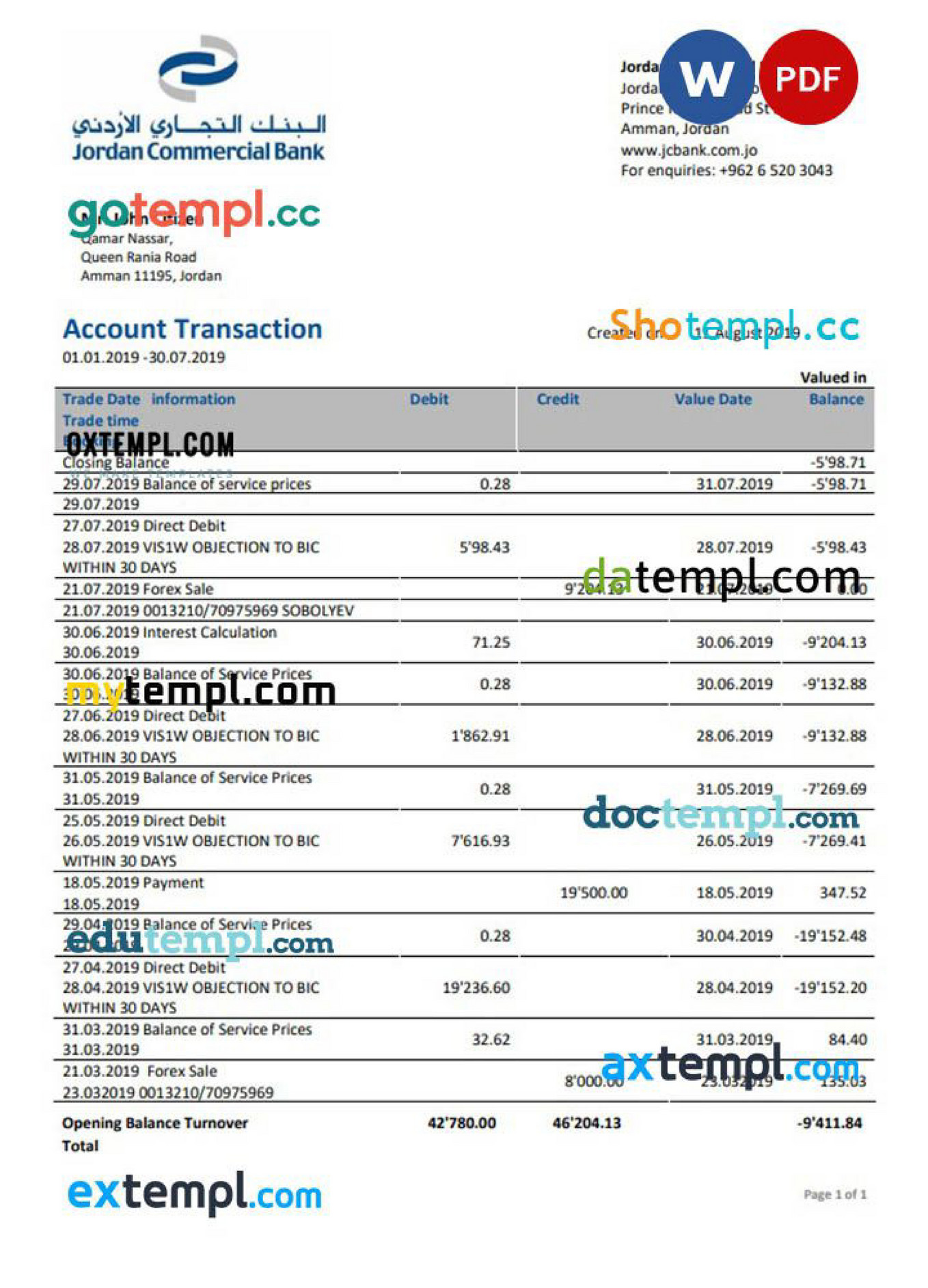 Doctempl - Jordan Commercial bank statement template Word and PDF - Page 1