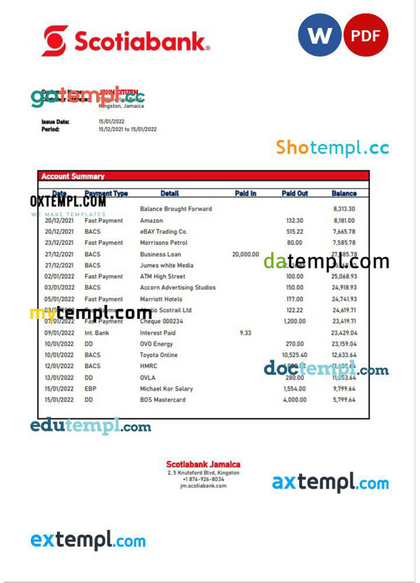 Doctempl - Jamaica Scotia bank statement template Word and PDF format ...