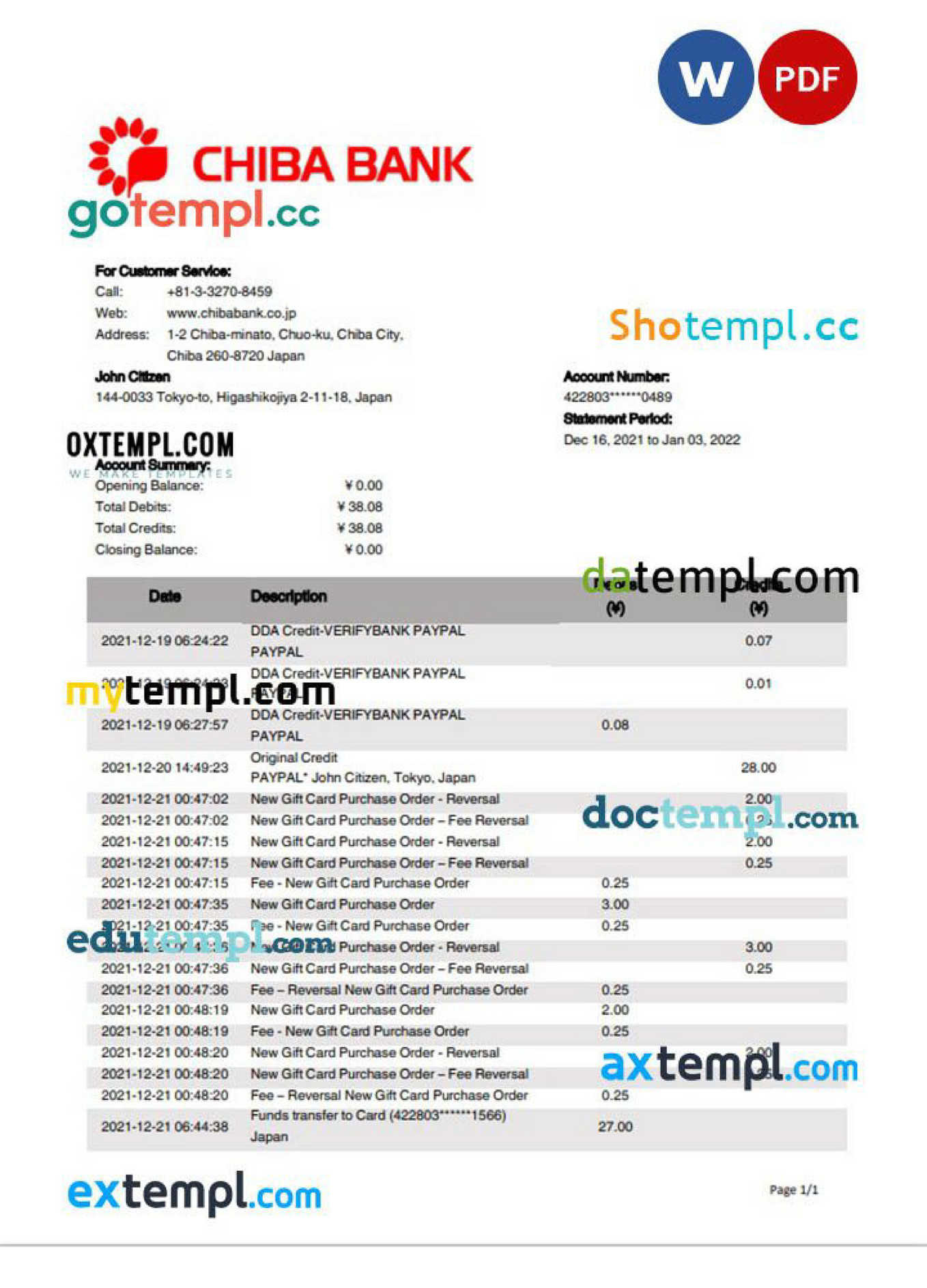 Doctempl - Japan Chiba bank statement template Word and PDF format - Page 1
