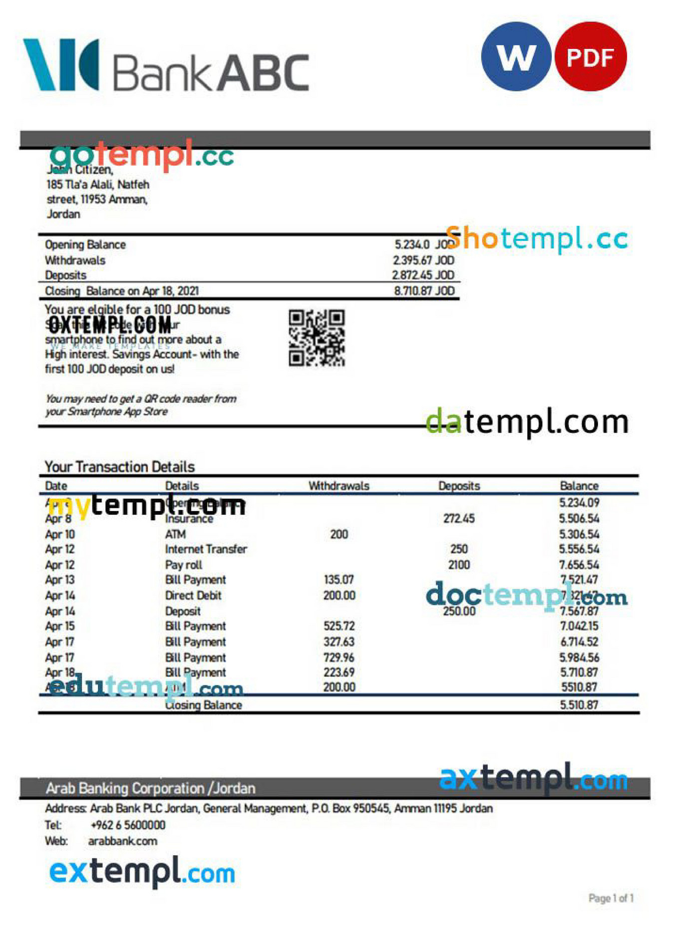 Doctempl - Jordan ABC bank statement template Word and PDF format - Page 1