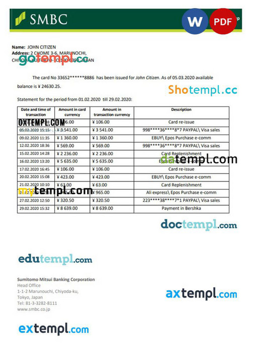 Doctempl - Japan Sumitomo Mitsui Banking Corporation (SMBC) Bank statement template Word and PDF ...