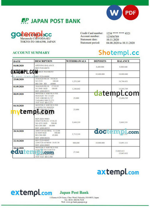 Doctempl - Japan Post Bank statement template in Word and PDF format, good for address prove ...