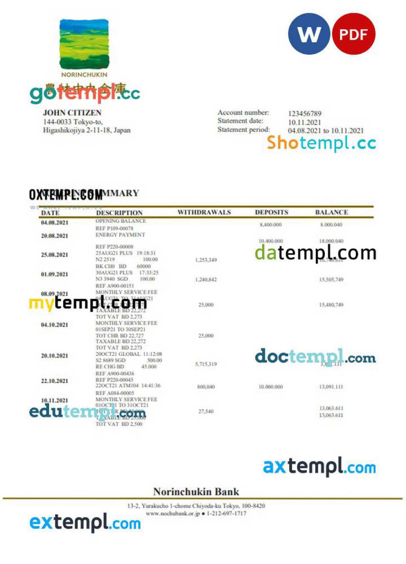 Doctempl - Japan Norinchukin Bank statement template Word and PDF - Page 1