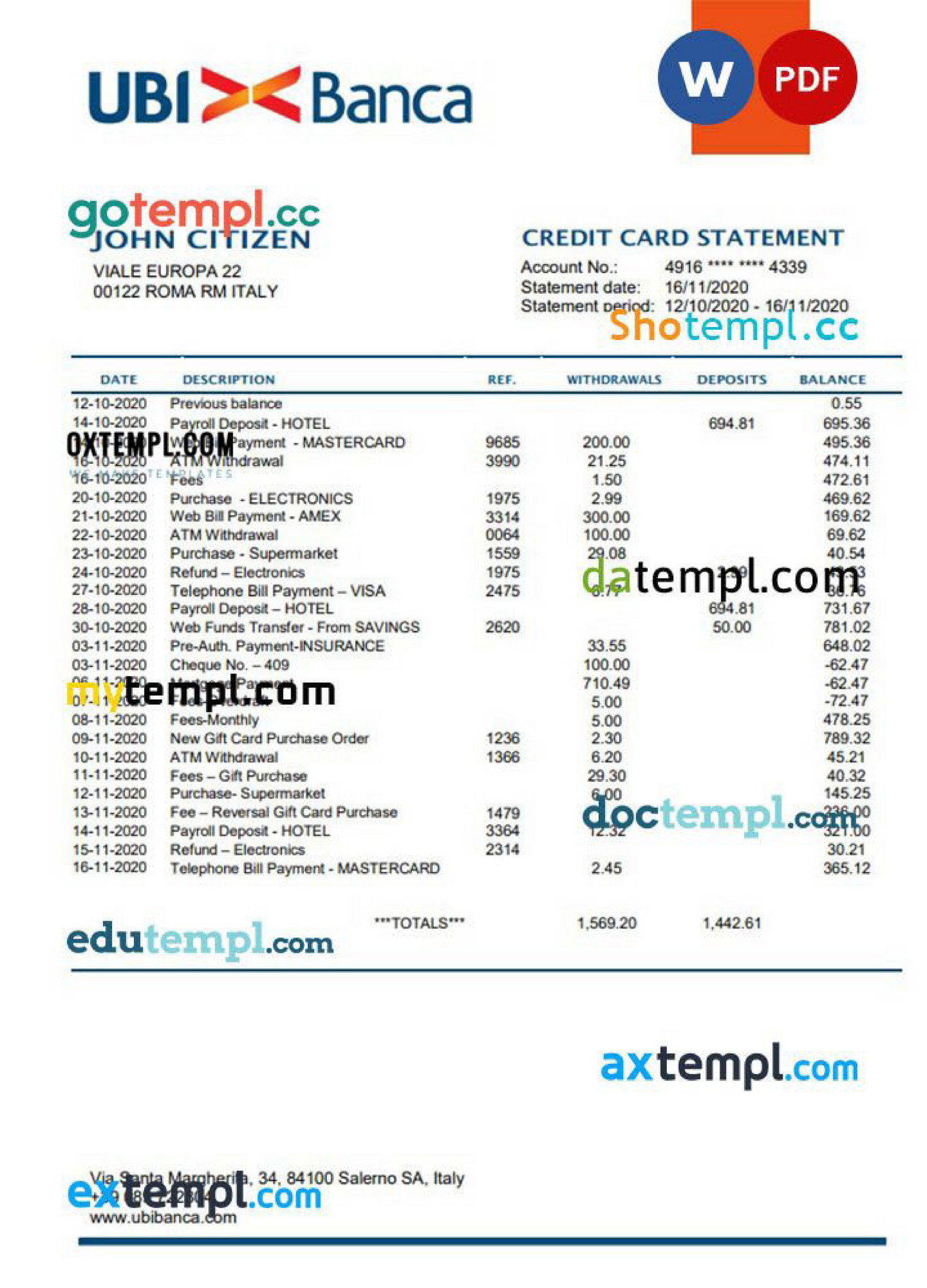 Doctempl - Italy UBI BANCA Bank statement Word and PDF template - Page 1
