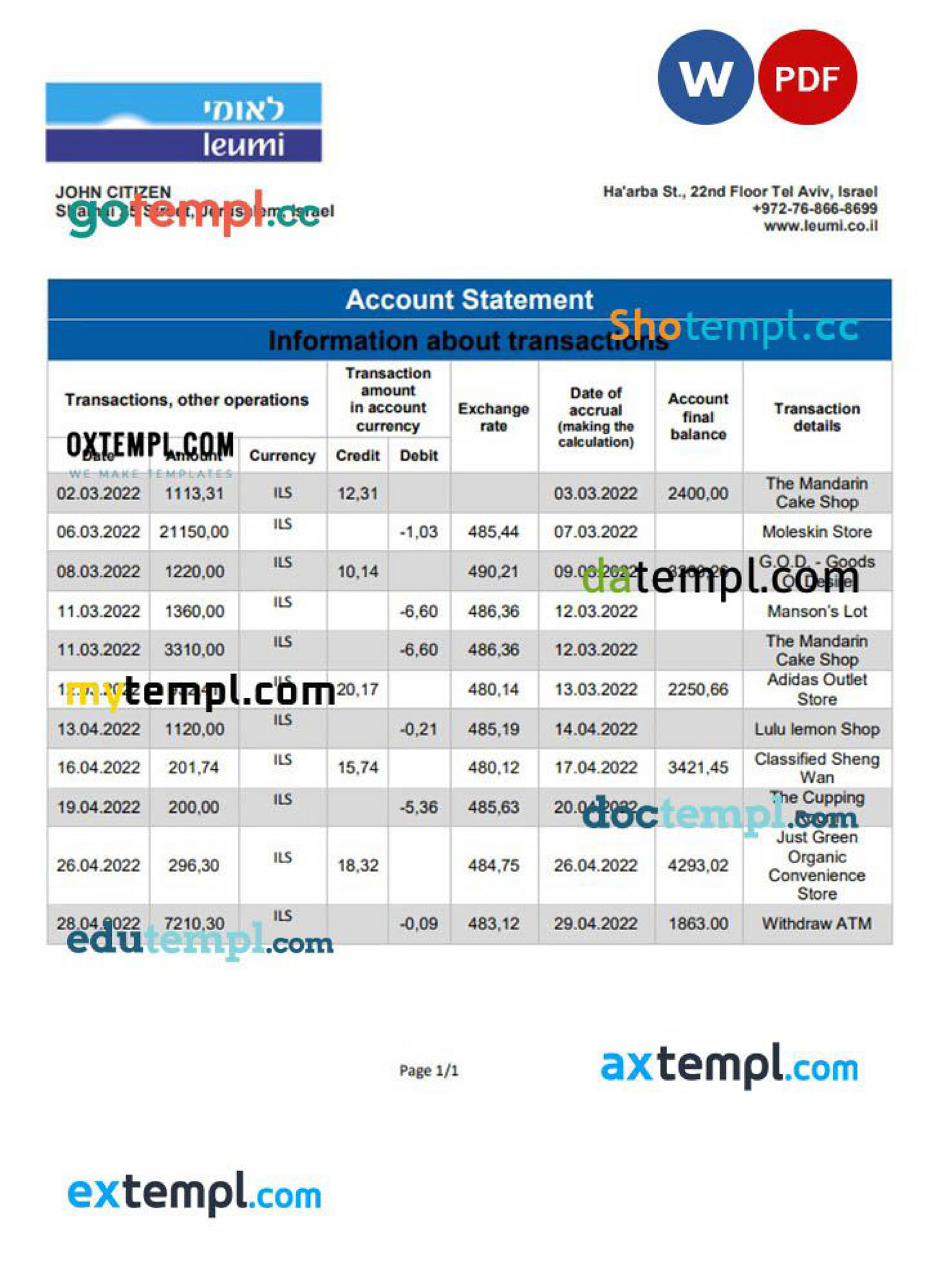 Doctempl - Israel Leumi bank statement template Word PDF - Page 1