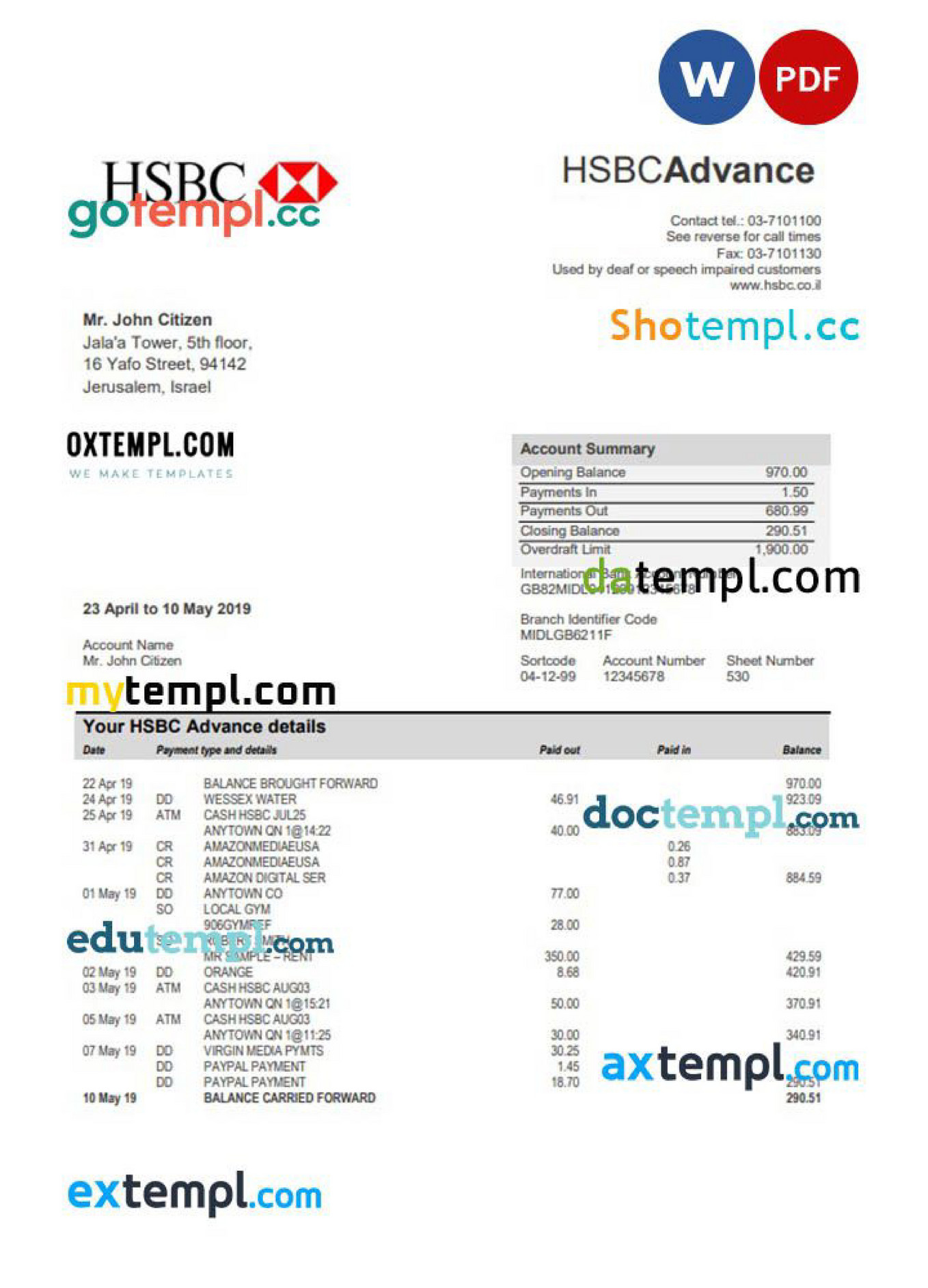 Doctempl - Israel HSBC bank statement template Word PDF - Page 1