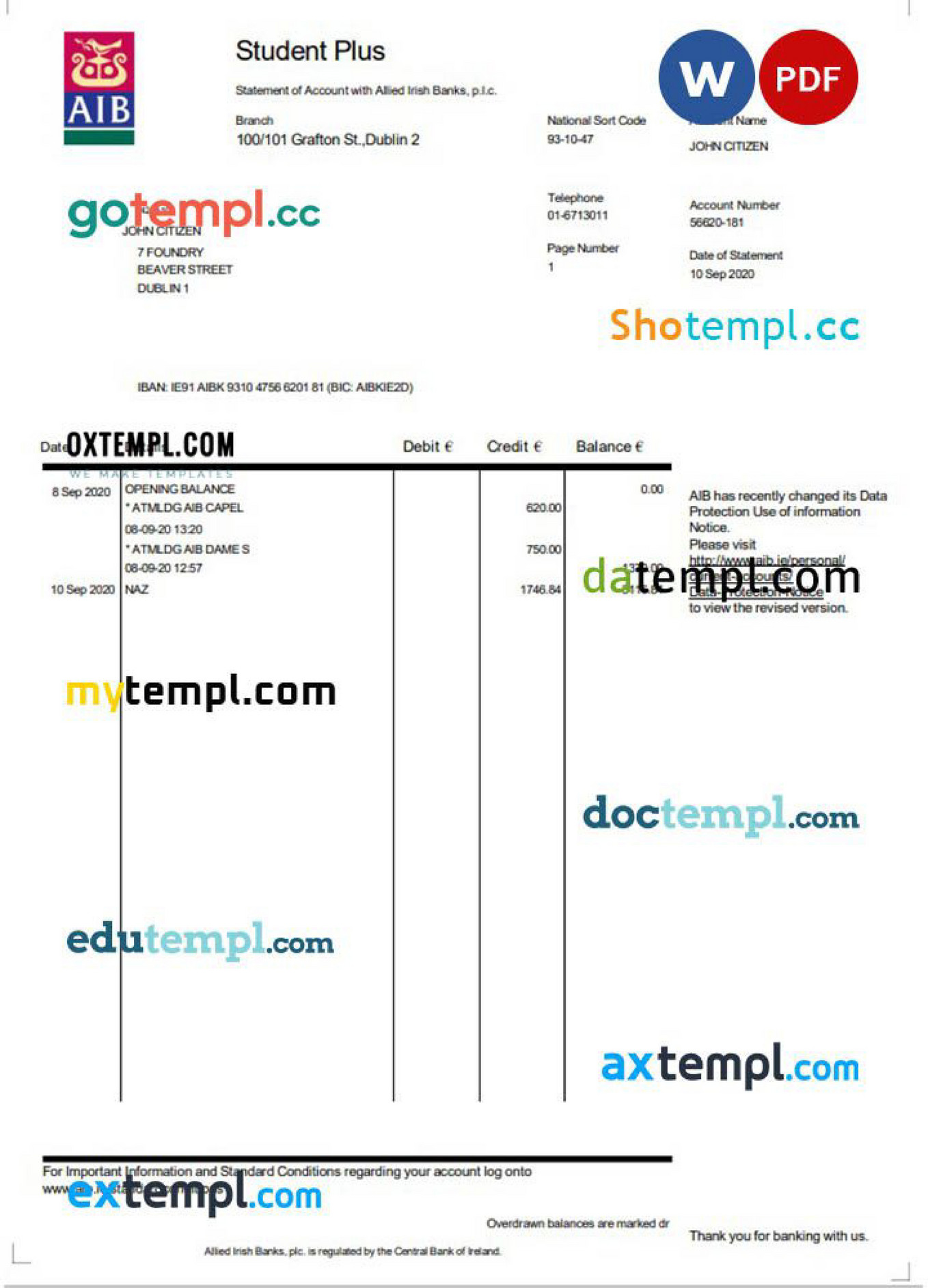 Doctempl - Ireland AIB bank statement template Word PDF - Page 1