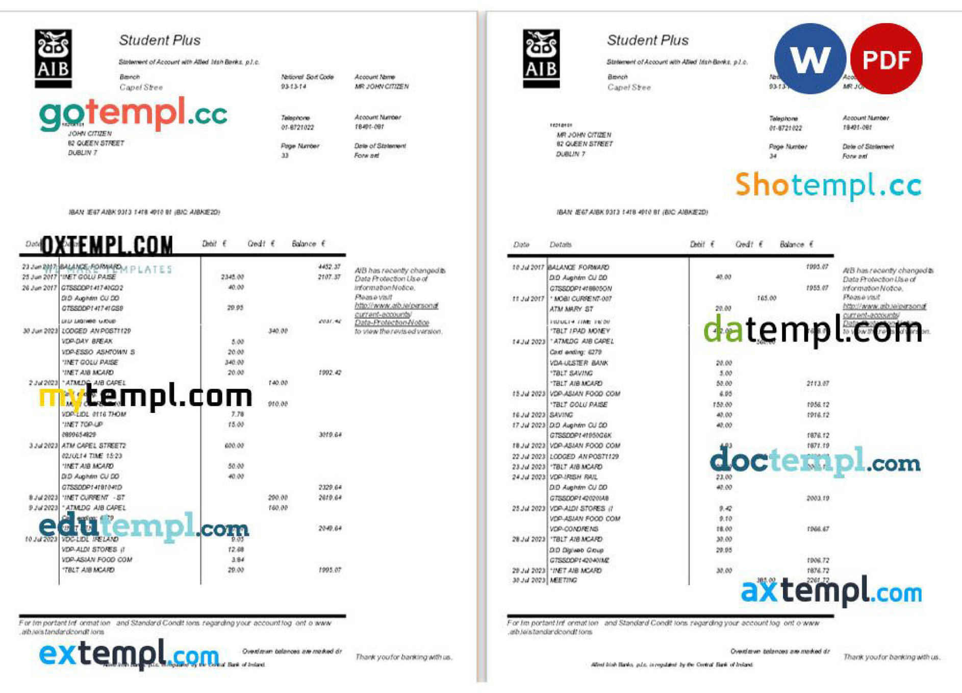 Doctempl - Ireland AIB bank statement Word and PDF template, 6 pages 1 ...