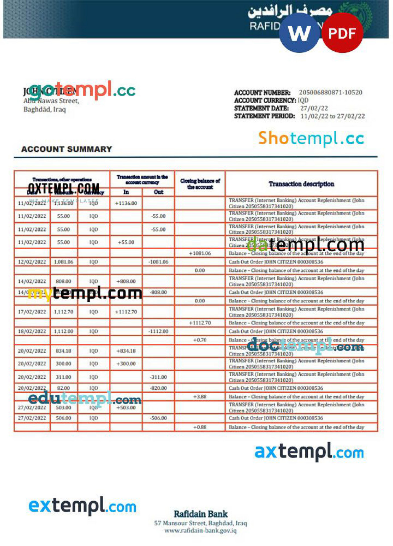 Doctempl - Iraq Rafidain proof of address bank statement template Word PDF - Page 1