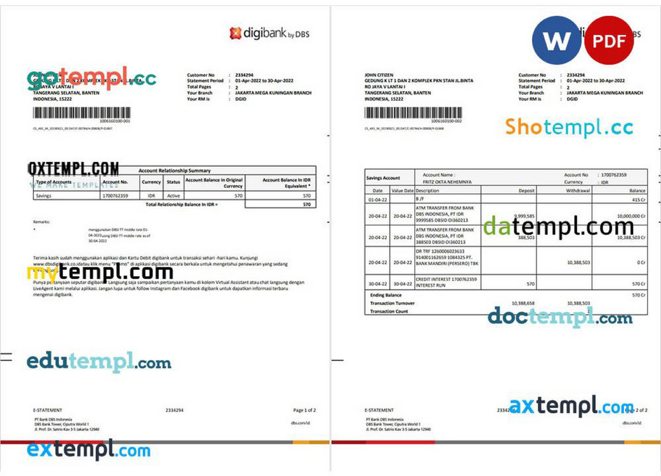 Doctempl - Indonesia DBS digibank Bank statement template Word and PDF - Page 1