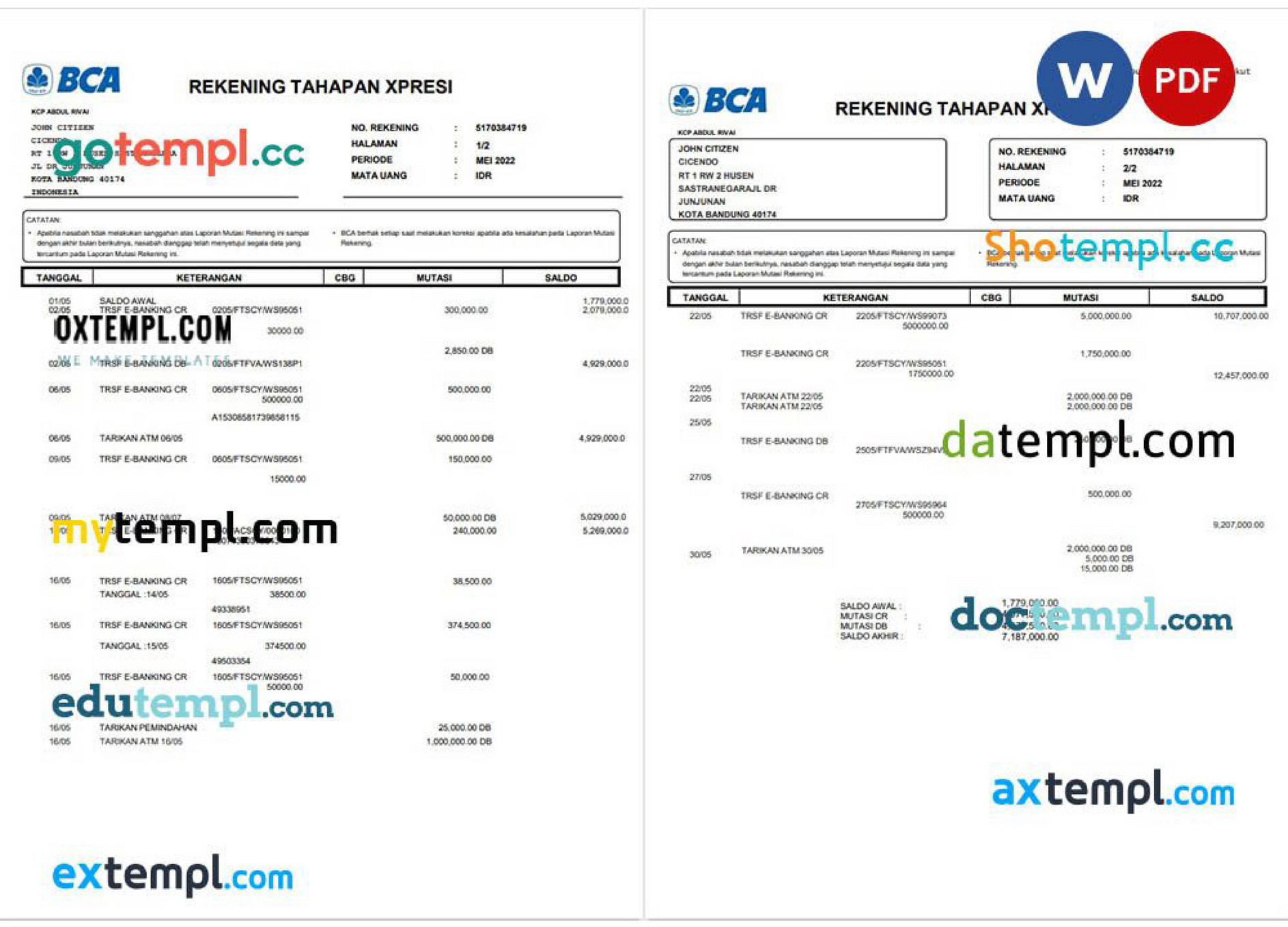 Doctempl - Indonesia BCA bank statement template Word and PDF - Page 1