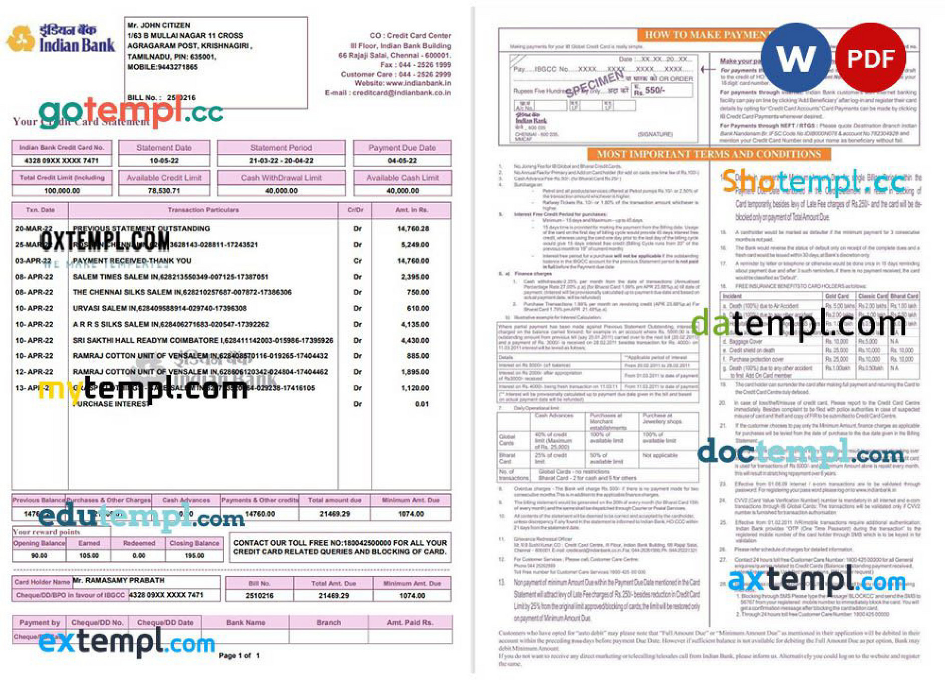 Doctempl - Indian bank credit card statement 2 pages Word and PDF - Page 1