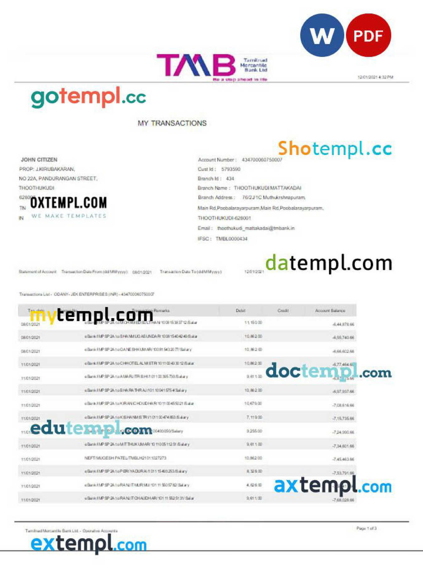 Doctempl - India TAB bank statement Word and PDF template - Page 1