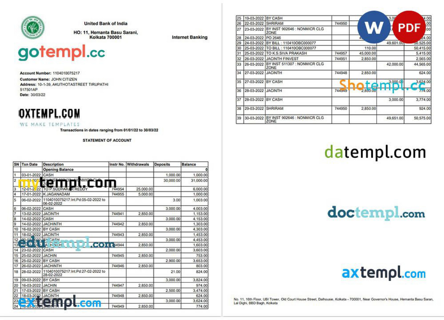 Doctempl - India United Bank of India bank statement Word and PDF - Page 1 Doctempl - India United Bank of India bank statement Word and PDF - Page 1