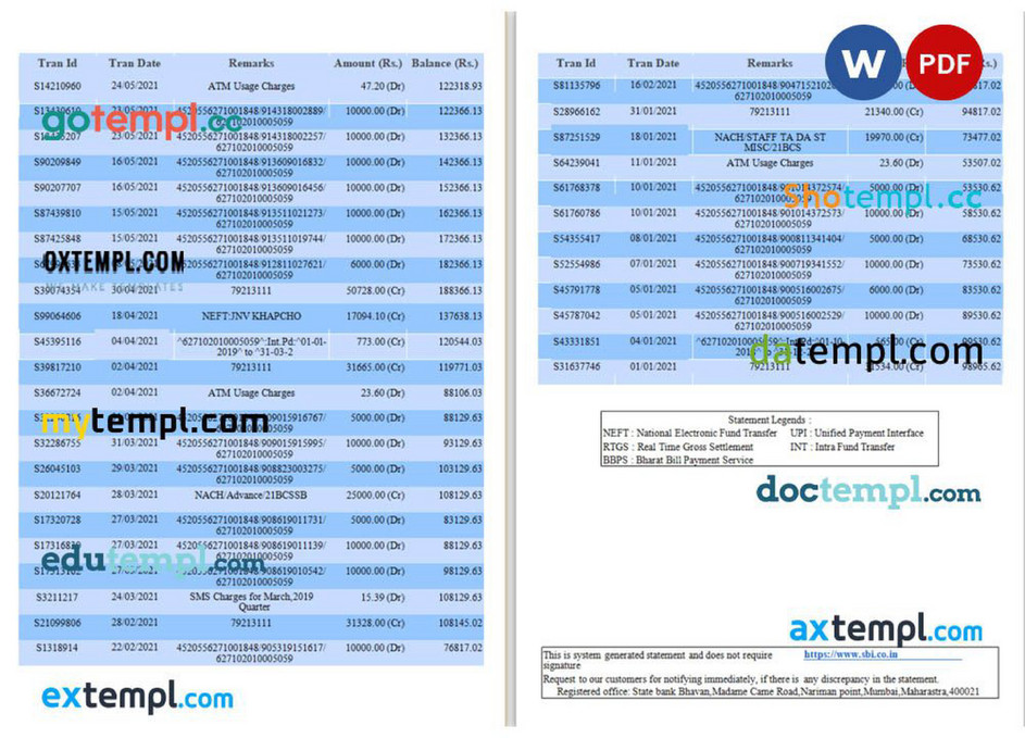 Doctempl - India State Bank of India bank statement Word and PDF ...