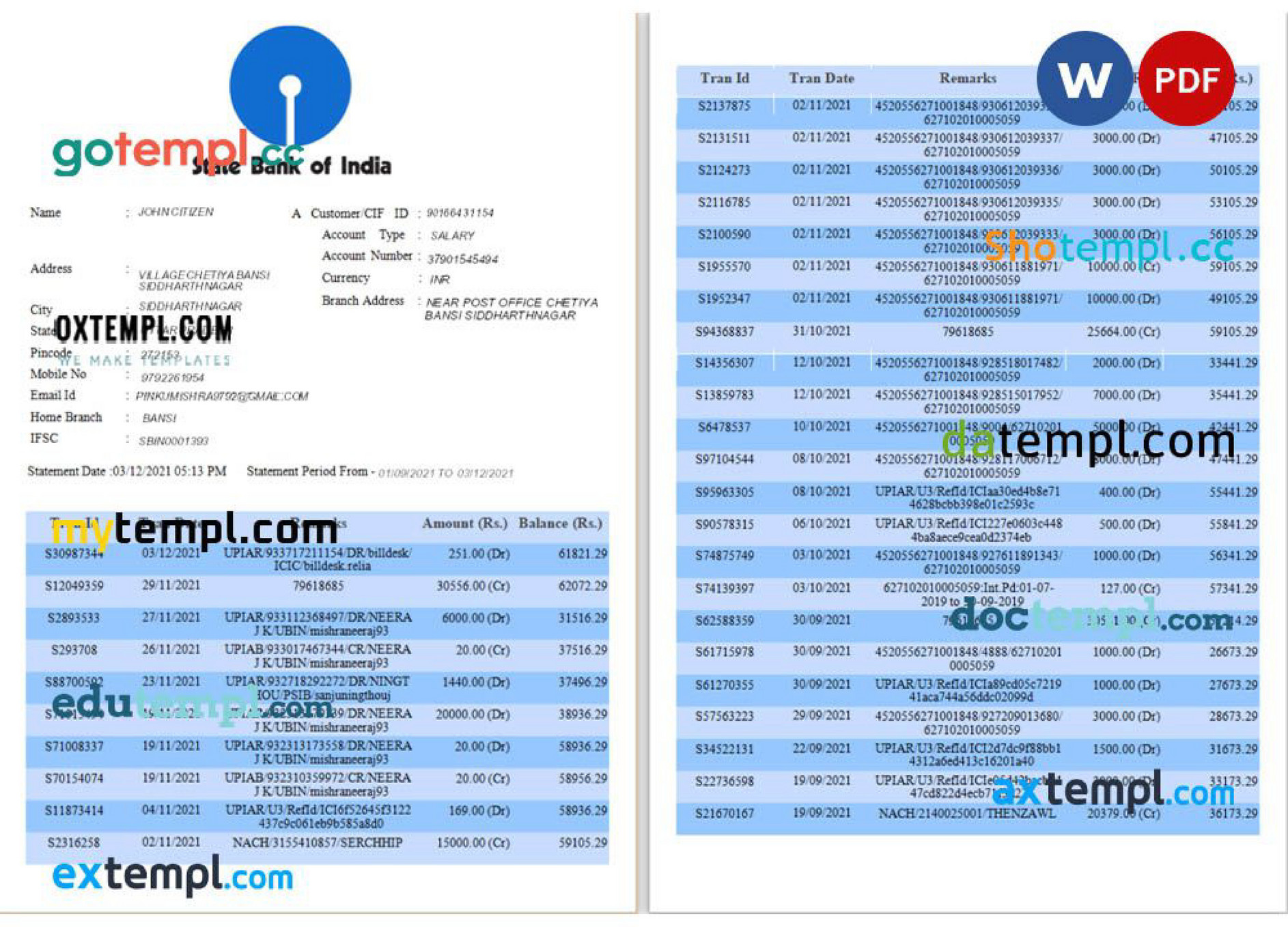 Doctempl - India State Bank of India bank statement Word and PDF ... Doctempl - India State Bank of India bank statement Word and PDF ...