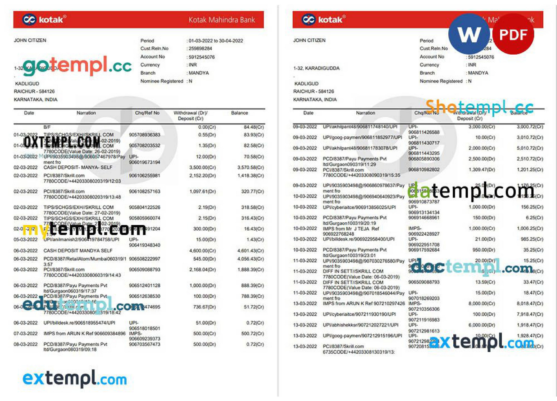 Doctempl - India Kotak Mahindra bank statement 7 pages template word ...