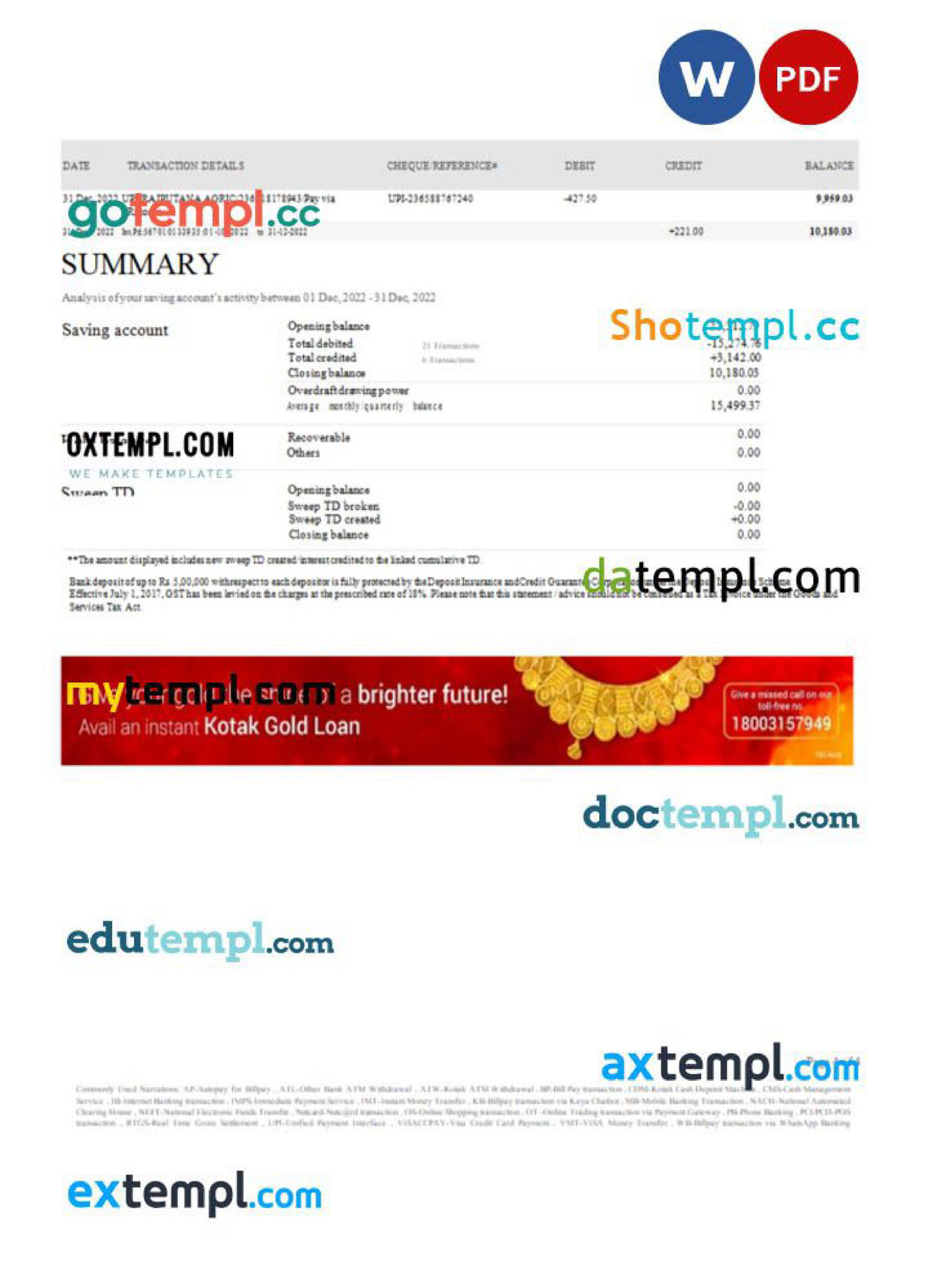 Doctempl - India Kotak Mahindra Bank statement Word and PDF template, 4 ...