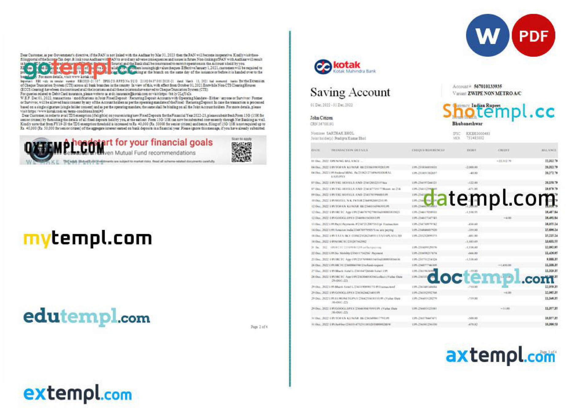 Doctempl - India Kotak Mahindra Bank statement Word and PDF template, 4 ...