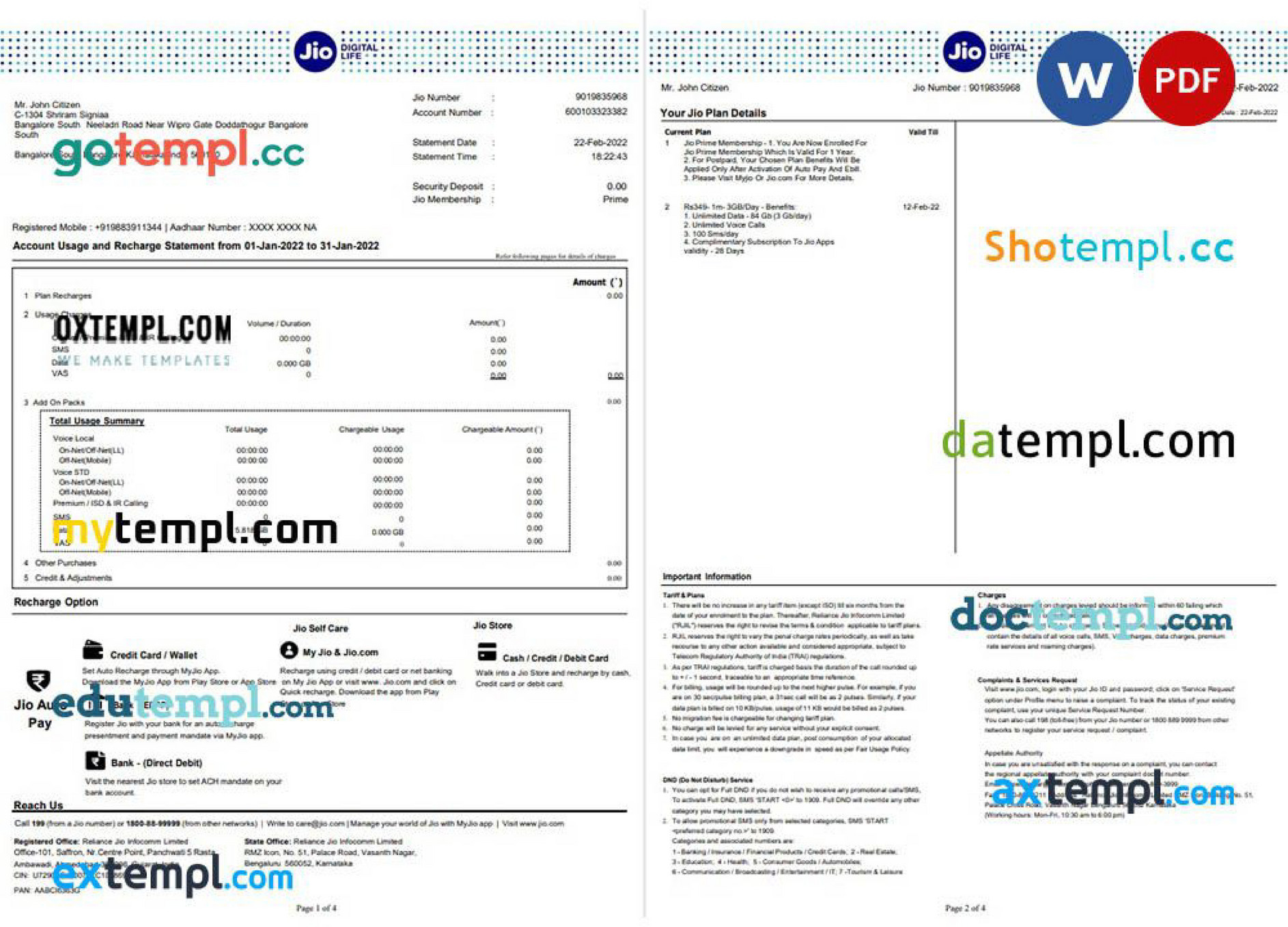 Doctempl - India Jio bank statement template Word and PDF 4 pages - Page 1