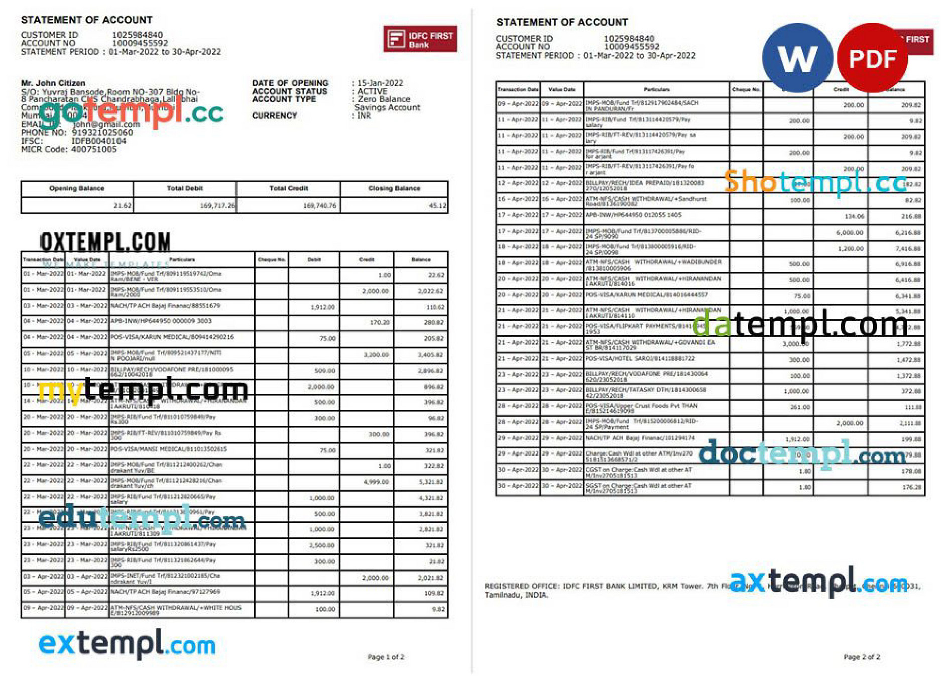 Doctempl - India IDFC First bank statement template Word and PDF 2 ...