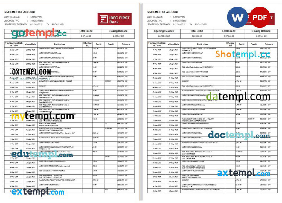 Doctempl - India IDFC bank statement Word and PDF template, 8 pages 5 6 - Page 1