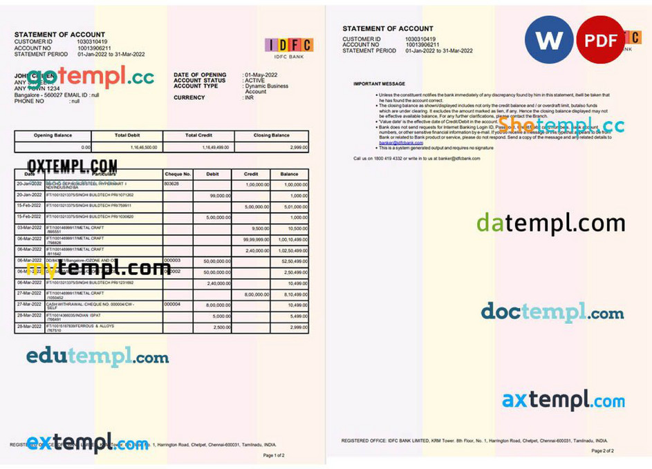 Doctempl - India IDFC bank statement Word and PDF template 2 pages, new version - Page 1
