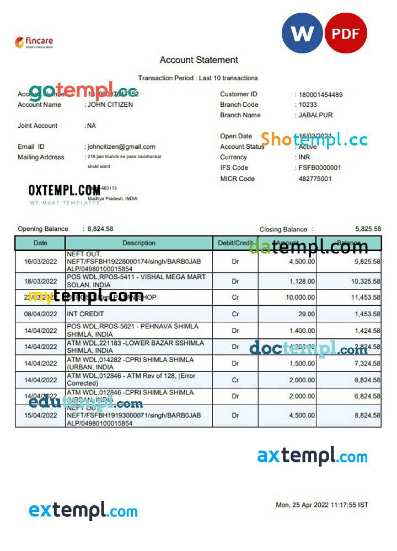 Doctempl - India Fincare bank statement Word and PDF template - Page 1