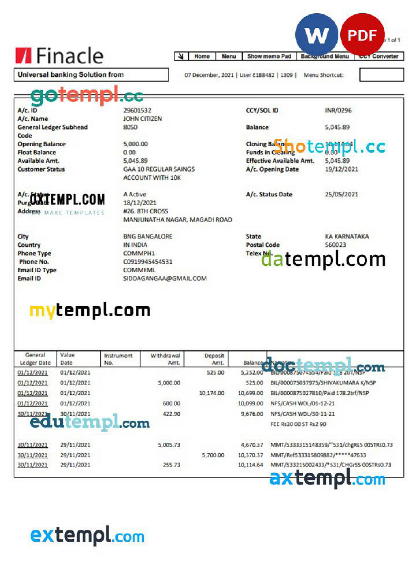 Doctempl - India Finacle bank statement easy to fill template in Word ...