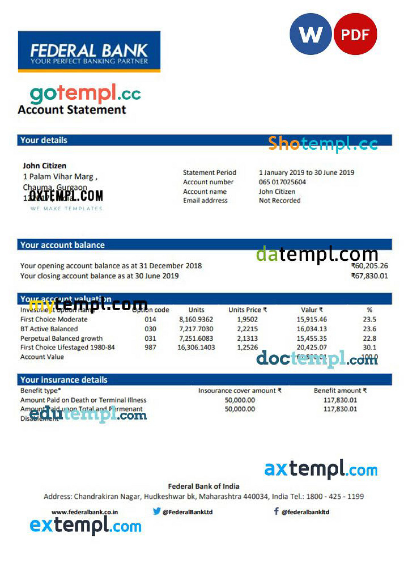 Doctempl - India Federal Bank statement template Word and PDF - Page 1