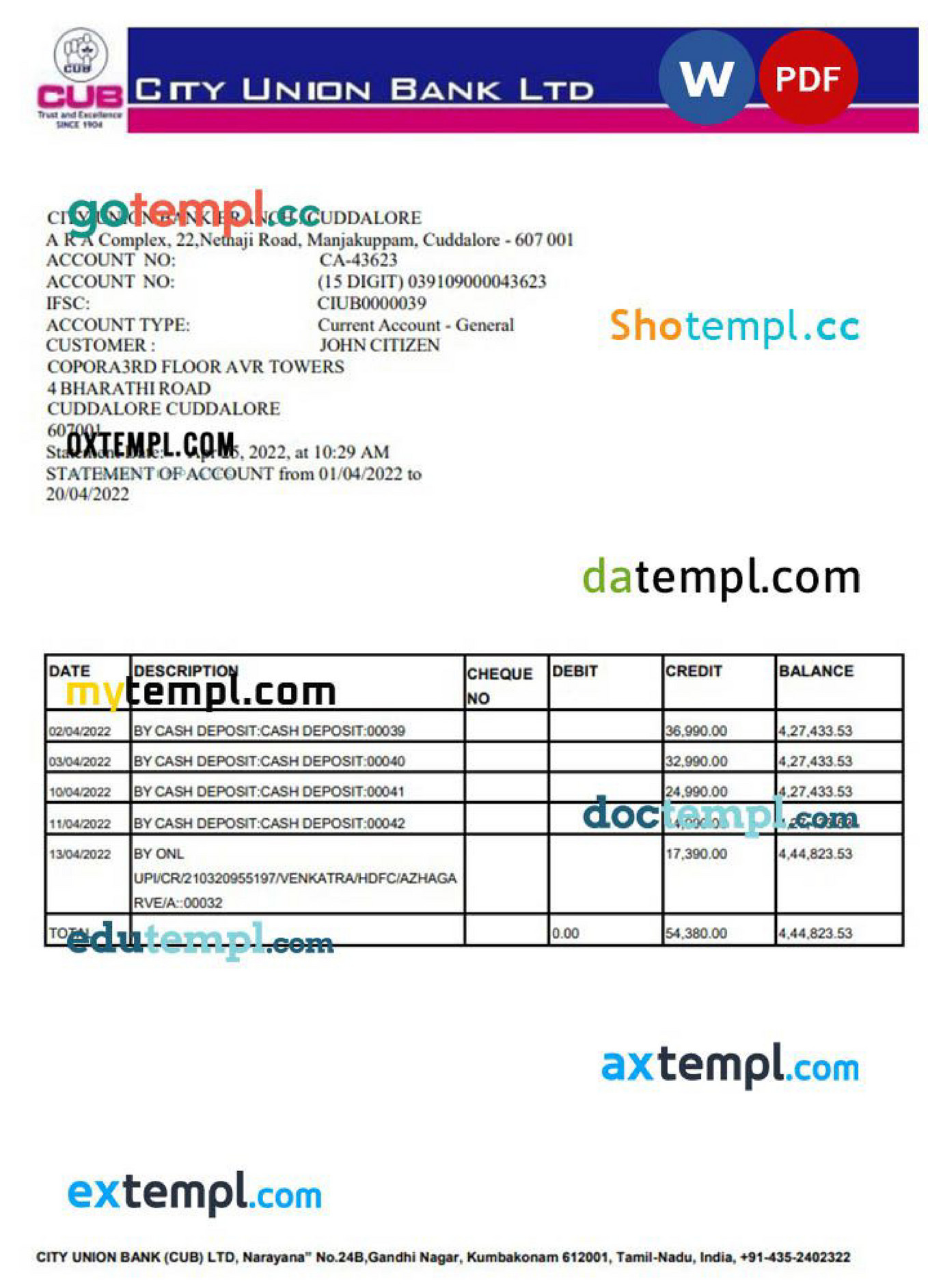 Doctempl - India City Union Bank statement template Word and PDF - Page 1