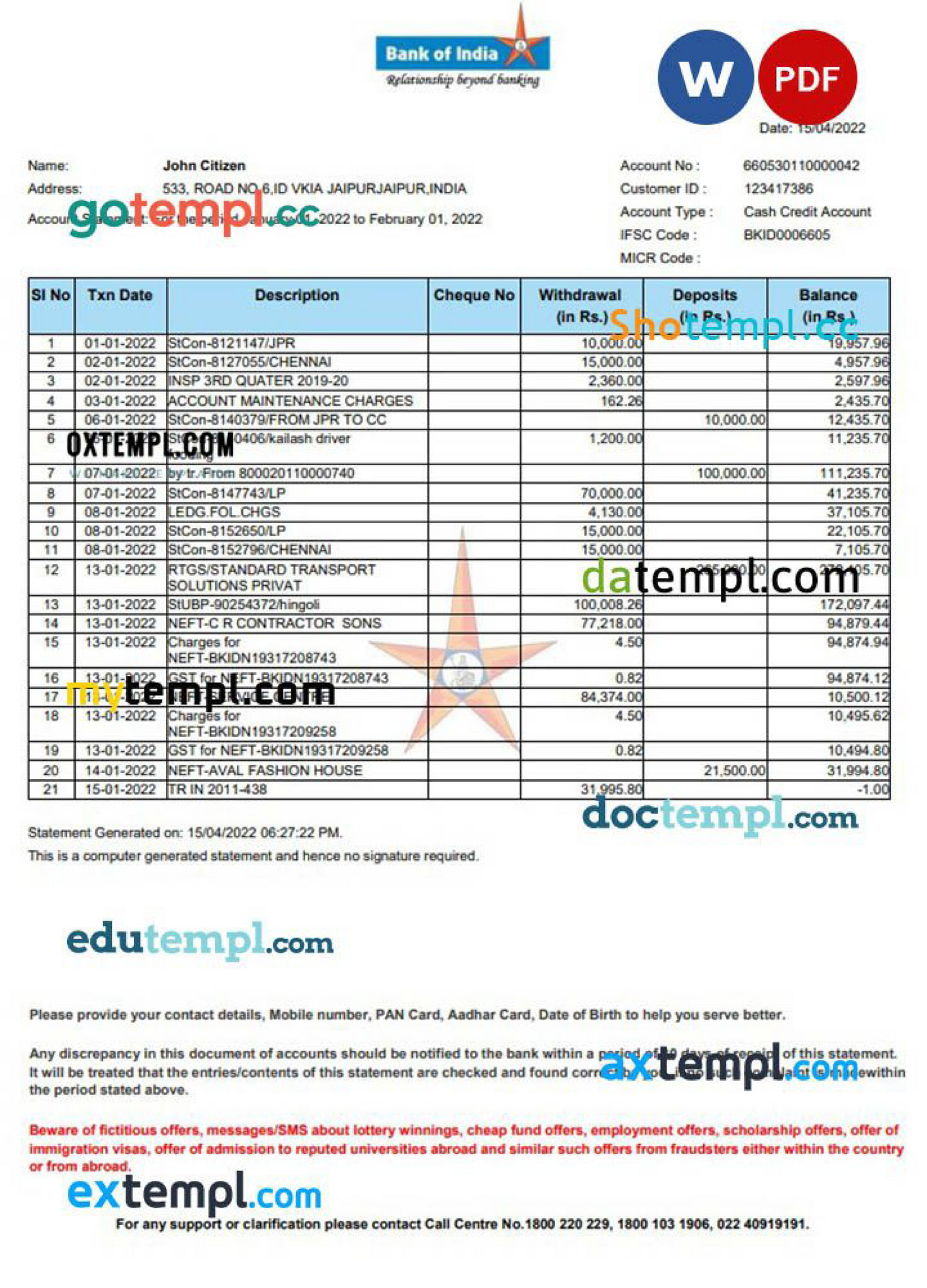 Doctempl - India Bank of India statement template Word PDF - Page 1