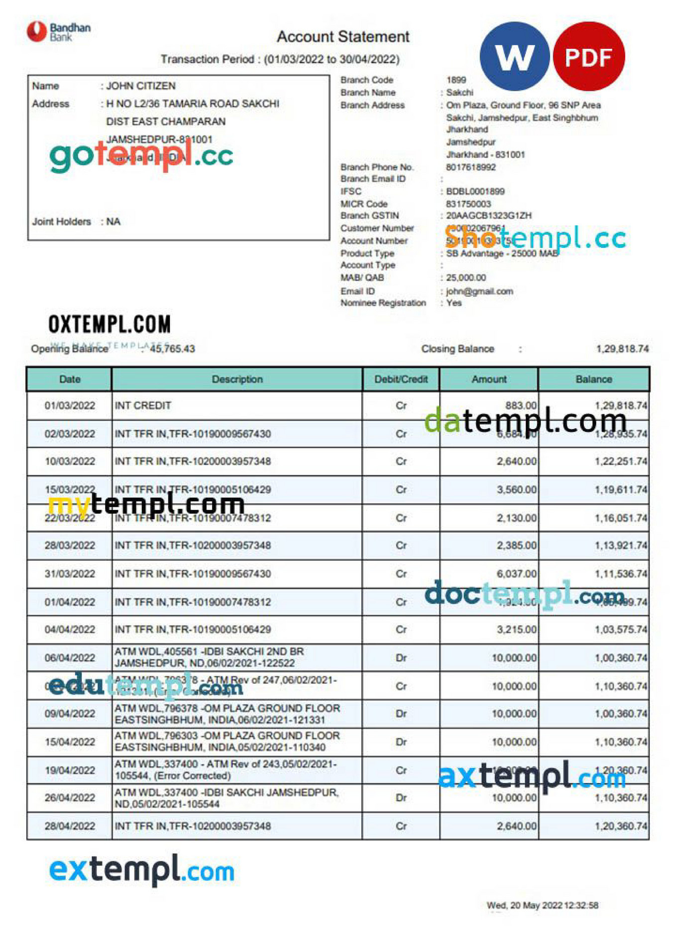 Doctempl - India Bandhan bank statement template Word PDF - Page 1