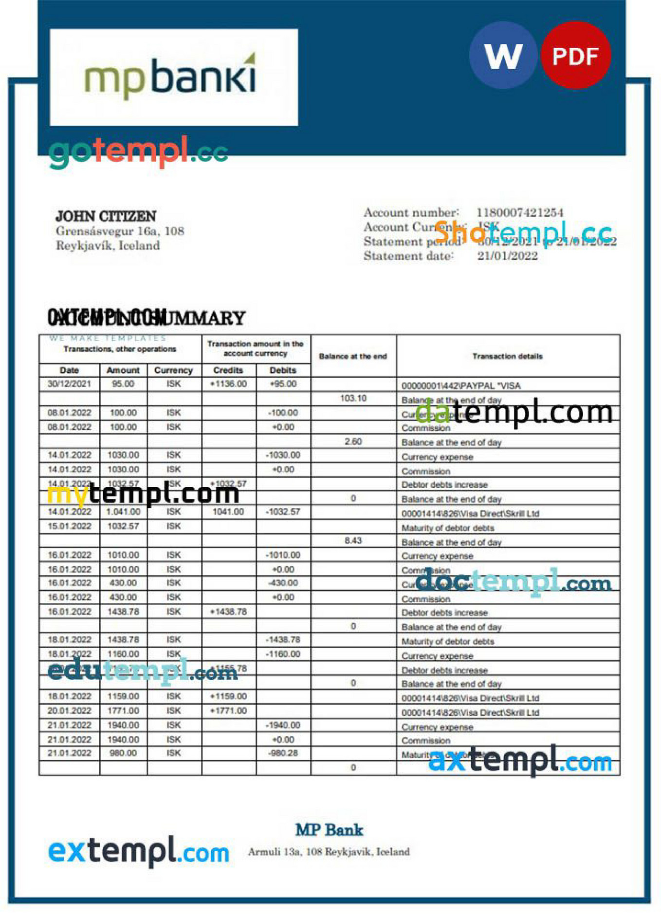 Doctempl - Iceland MP bank statement template Word and PDF - Page 1