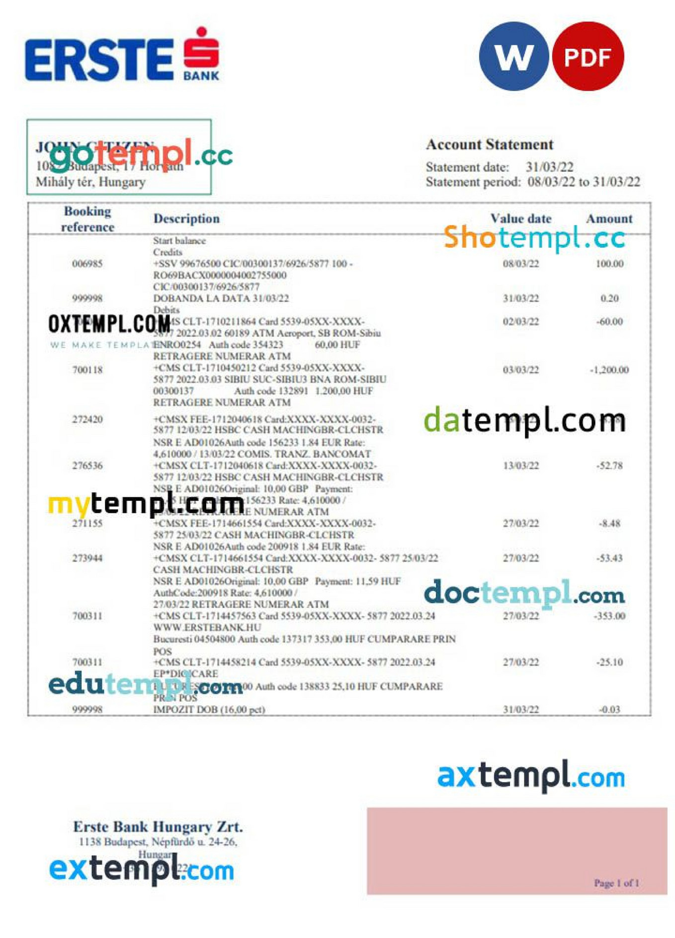 Doctempl - Hungary Erste bank statement template Word PDF - Page 1