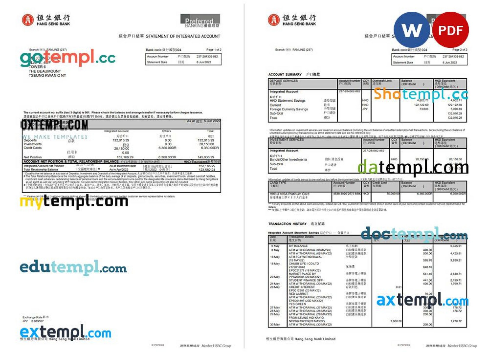 Doctempl - Hongkong Hang Seng bank statement template Word PDF 2 pages ...