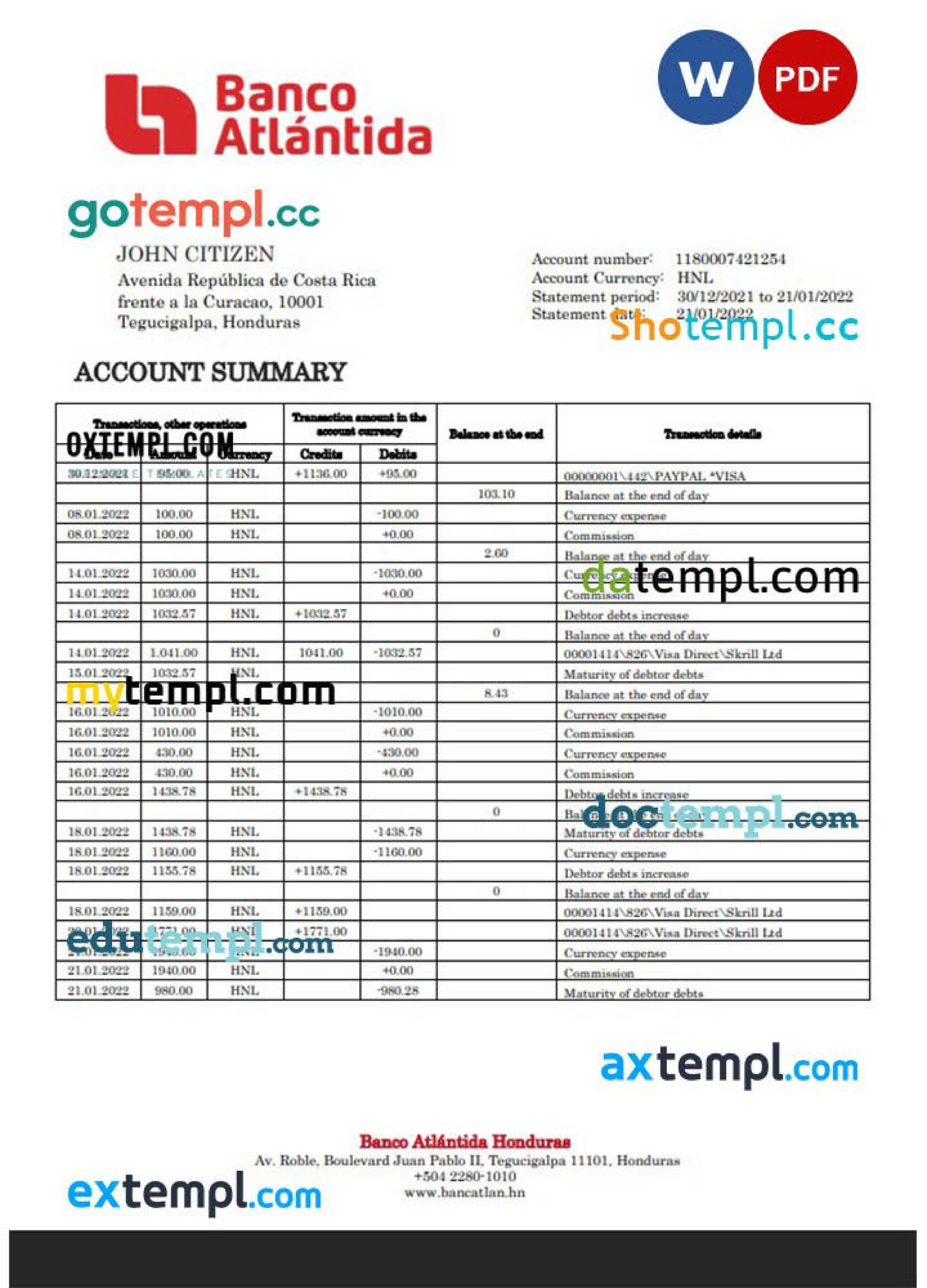 Doctempl - Honduras Banco Atlantida bank statement template Word and PDF - Page 1