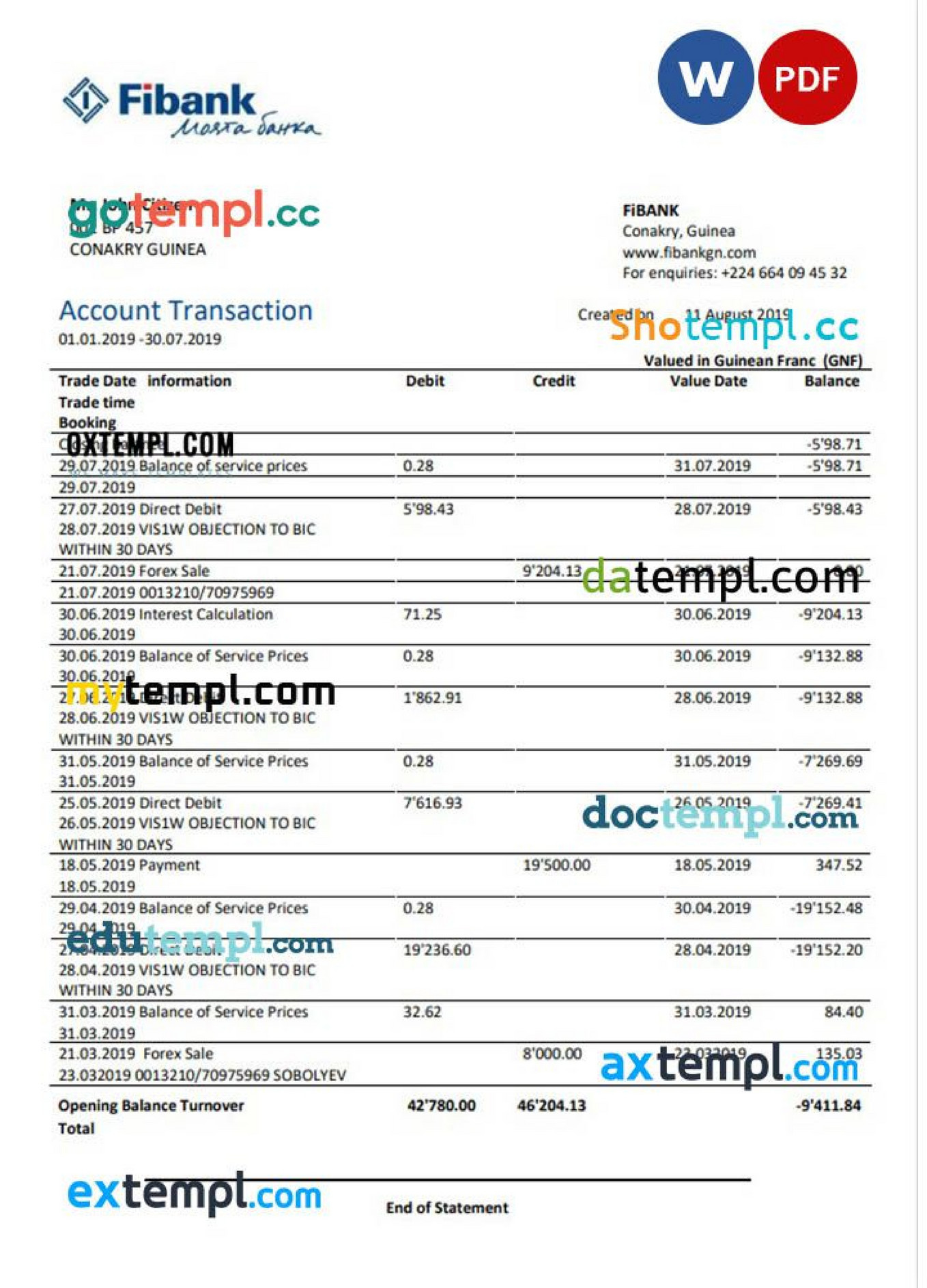 Doctempl - Guinea Fibank bank statement template Word and PDF - Page 1