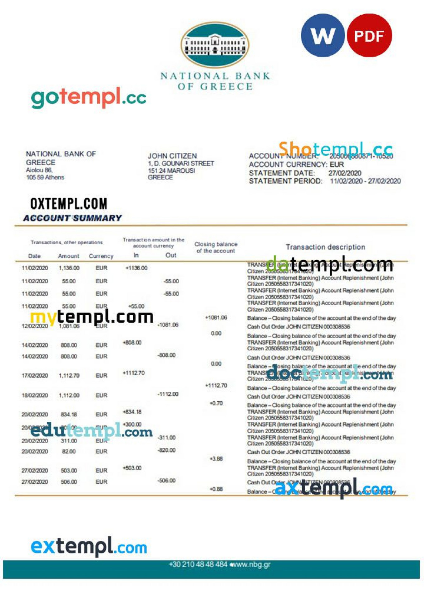 Doctempl - Greece National Bank of Greece Bank statement Word and PDF ...