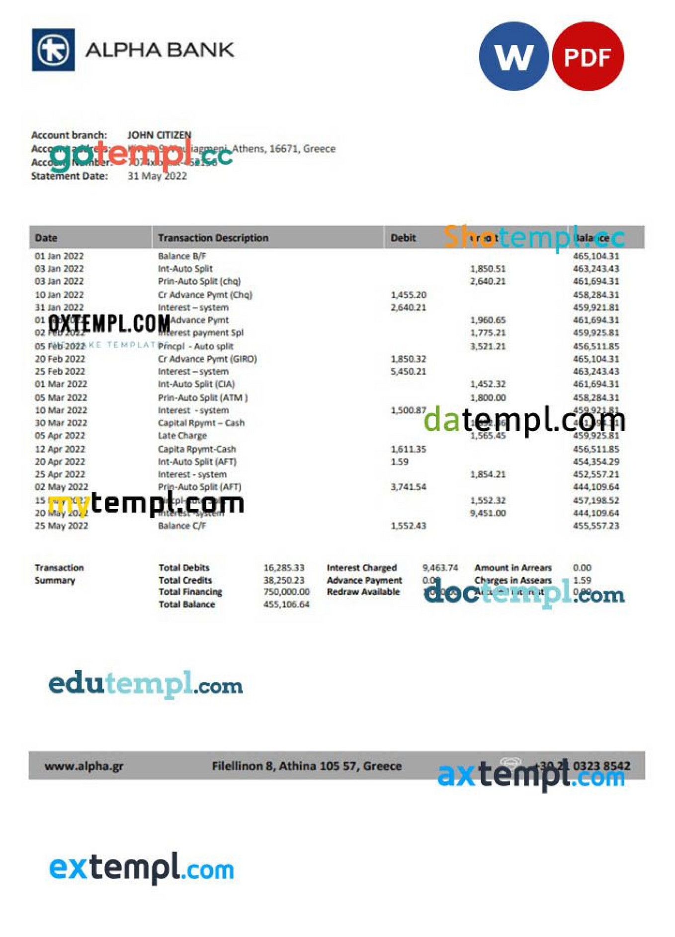 Doctempl - Greece Alpha Bank statement Word and PDF - Page 1