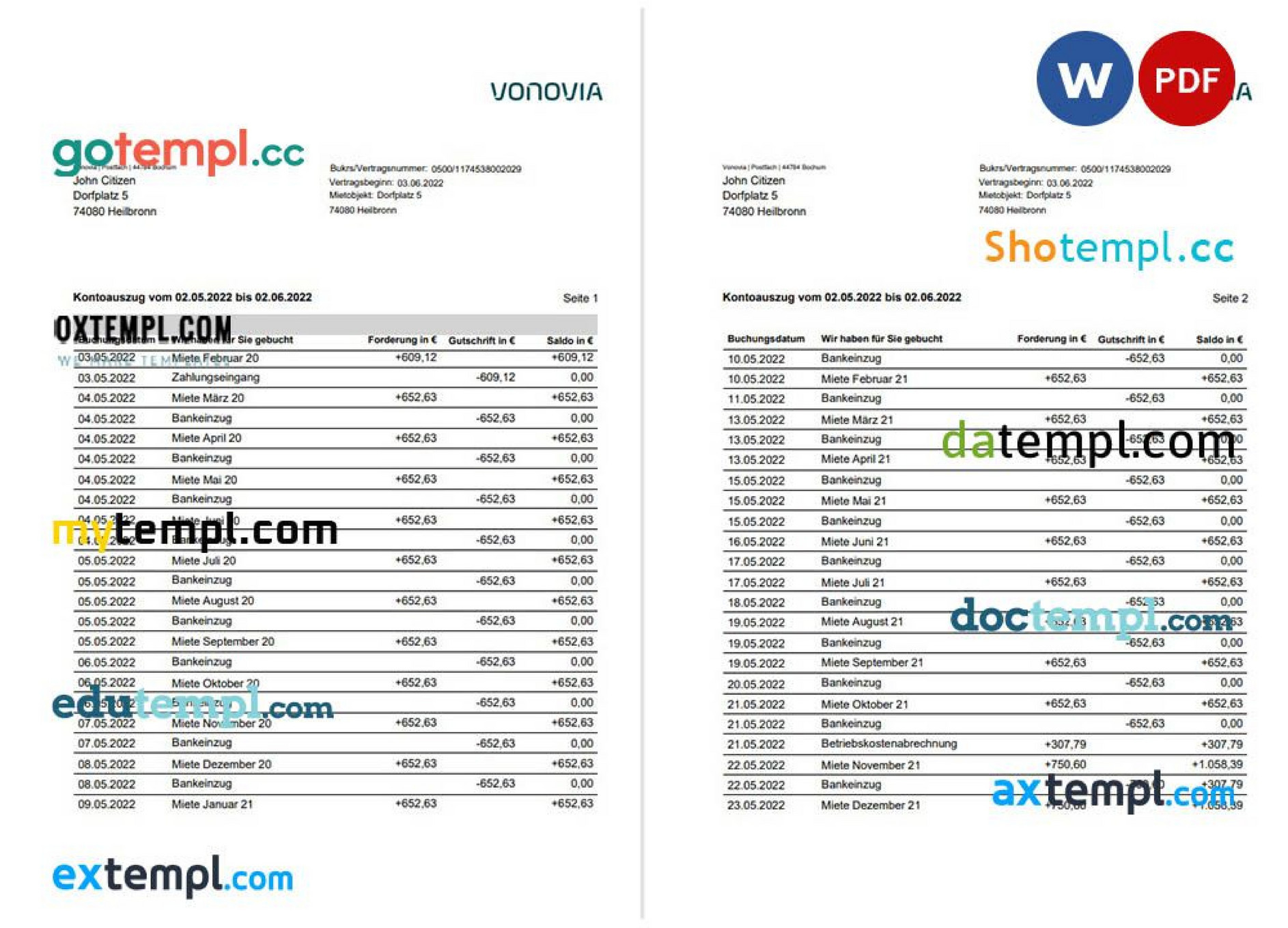 Doctempl - Germany Vonovia bank statement Word and PDF on deutsch, 3 ...